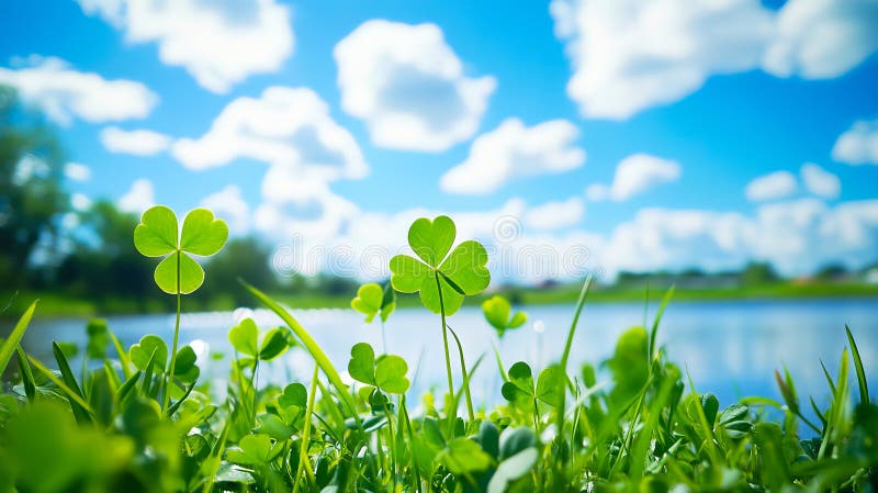 A Group of Four Leaf Clovers in the Grass by a Lake Stock Photo - Image ...