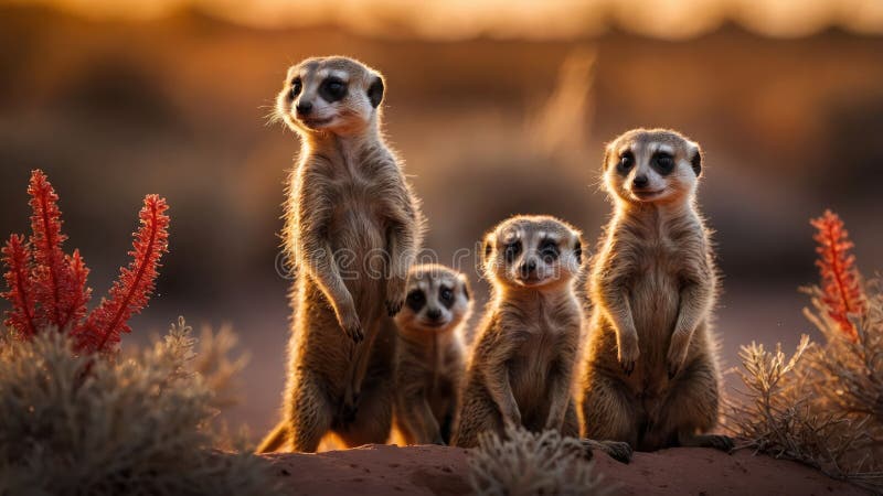 Adorable Meerkat Family at Sunset in African Savanna Stock Illustration ...
