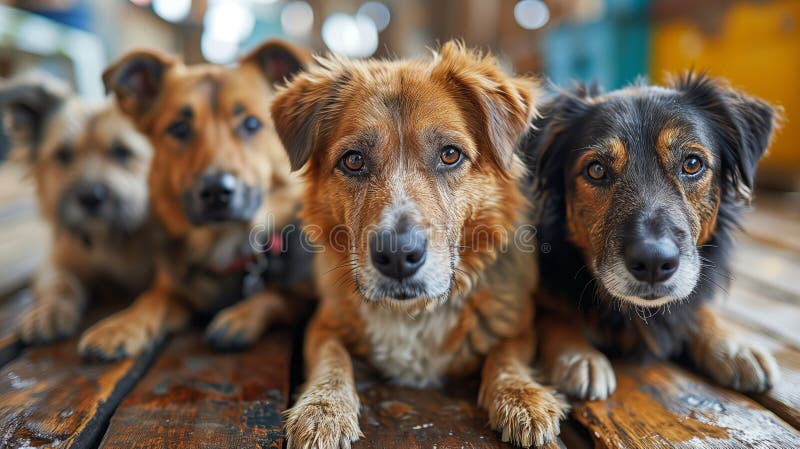 Group of Four Metis Dogs Lying on Wooden Table Stock Illustration ...