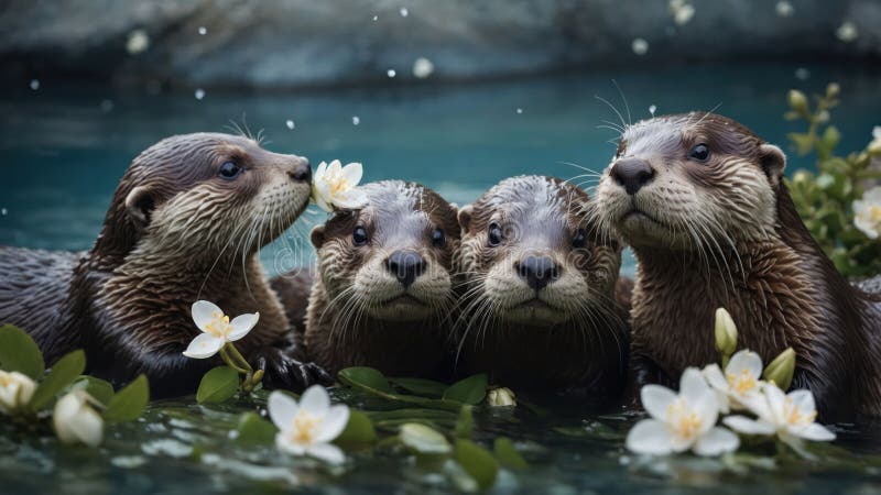 A Group of Four Otters Surrounded by Flowers in a Serene Water Setting ...