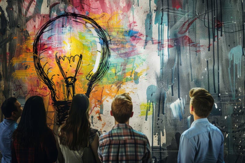 A Group of Four People Stand in Front of a Wall Painted with a Large ...