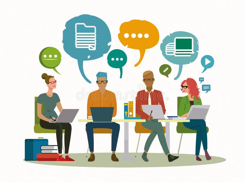 Group of Four People Working at Table, with Communication Bubbles Above ...