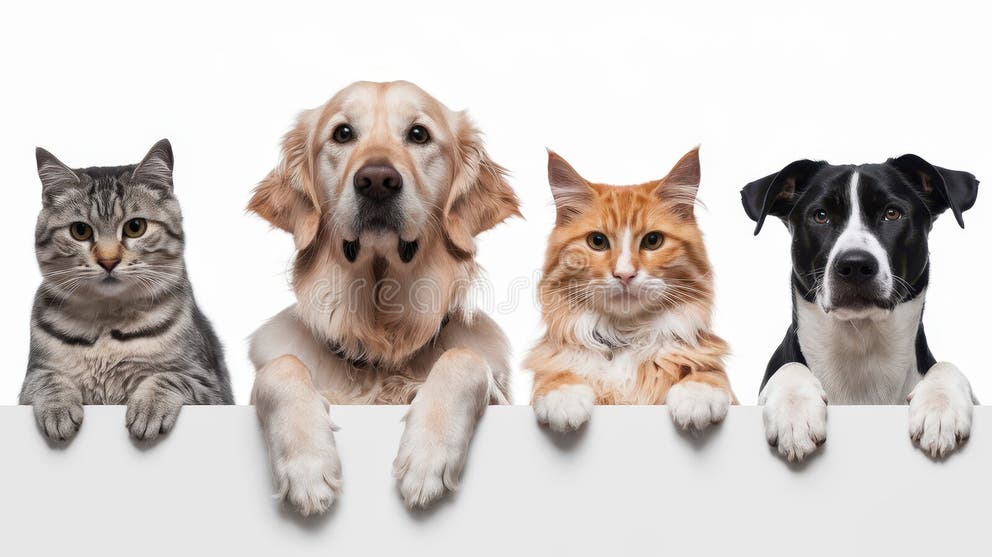 Group of Four Pets: Cat and Three Dogs Sitting in Home Setting Stock ...