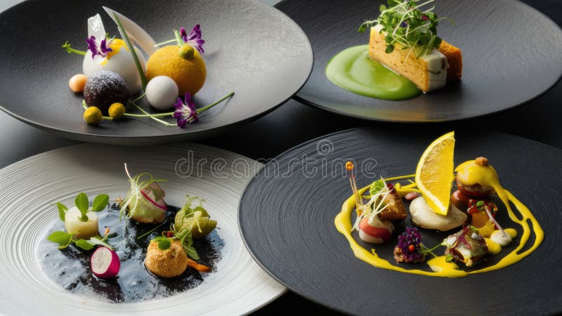 A Group of Four Plates with Different Types of Food on Them, AI Stock ...