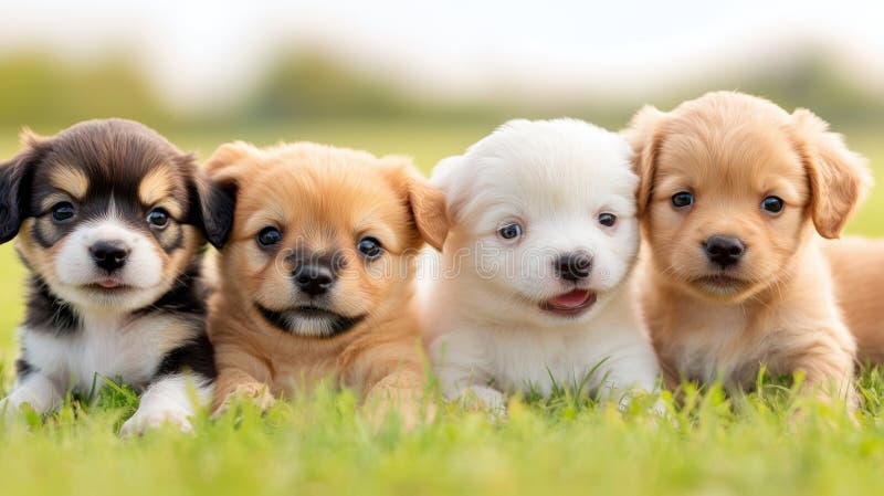 A Group of Four Puppies are Laying in the Grass Together, AI Stock ...