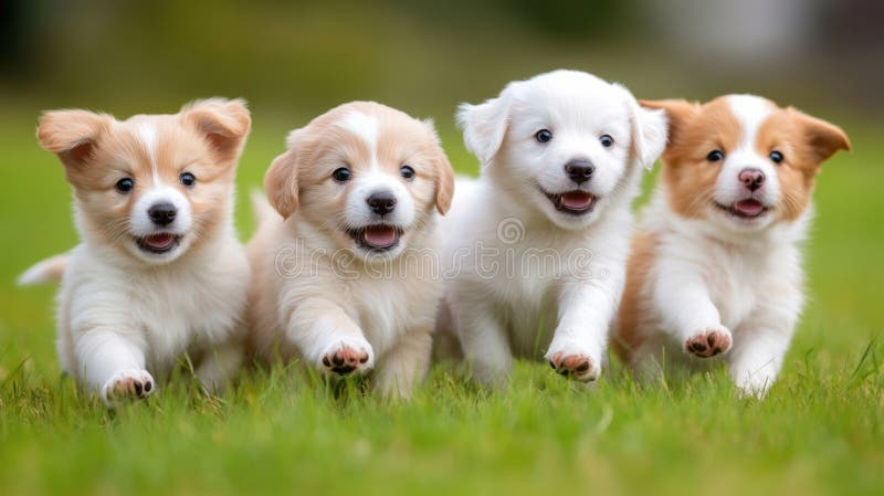 A Group of Four Puppies Running in a Field Together, AI Stock Image ...