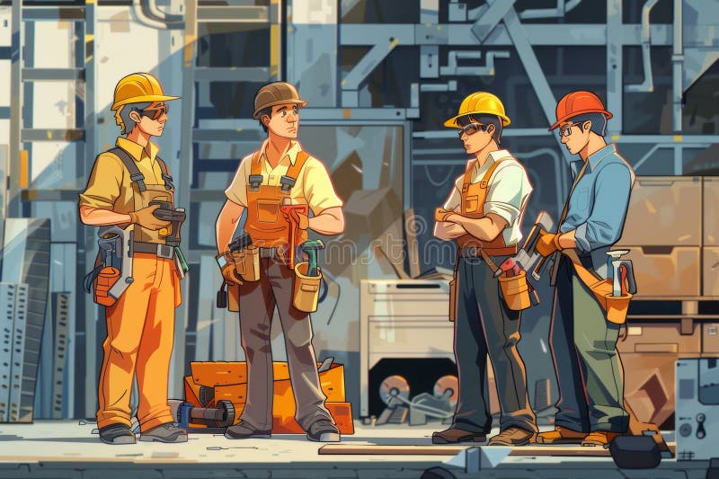 A Group of Four Repair Team Members Discusses a Project while ...