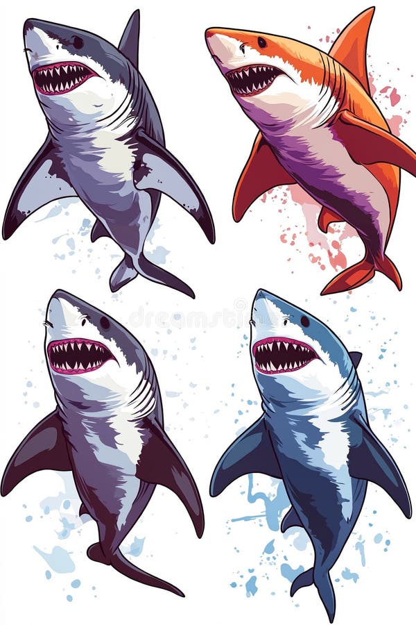 A Group of Four Sharks with Different Colors of Their Mouths Stock ...