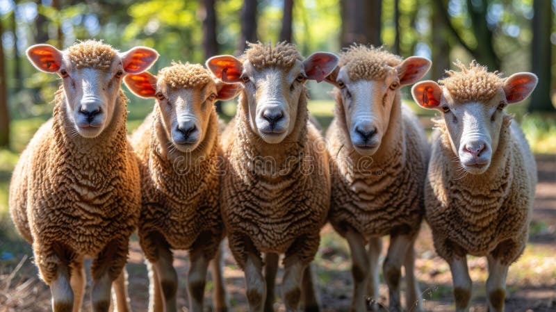 A Group of Four Sheep Standing in a Row on the Forest Floor, AI Stock ...