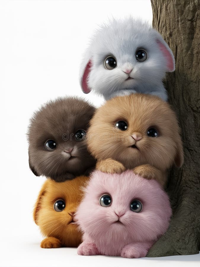 A Group of Four Small Fluffy Rabbits Sitting on Top of Each Other, AI ...