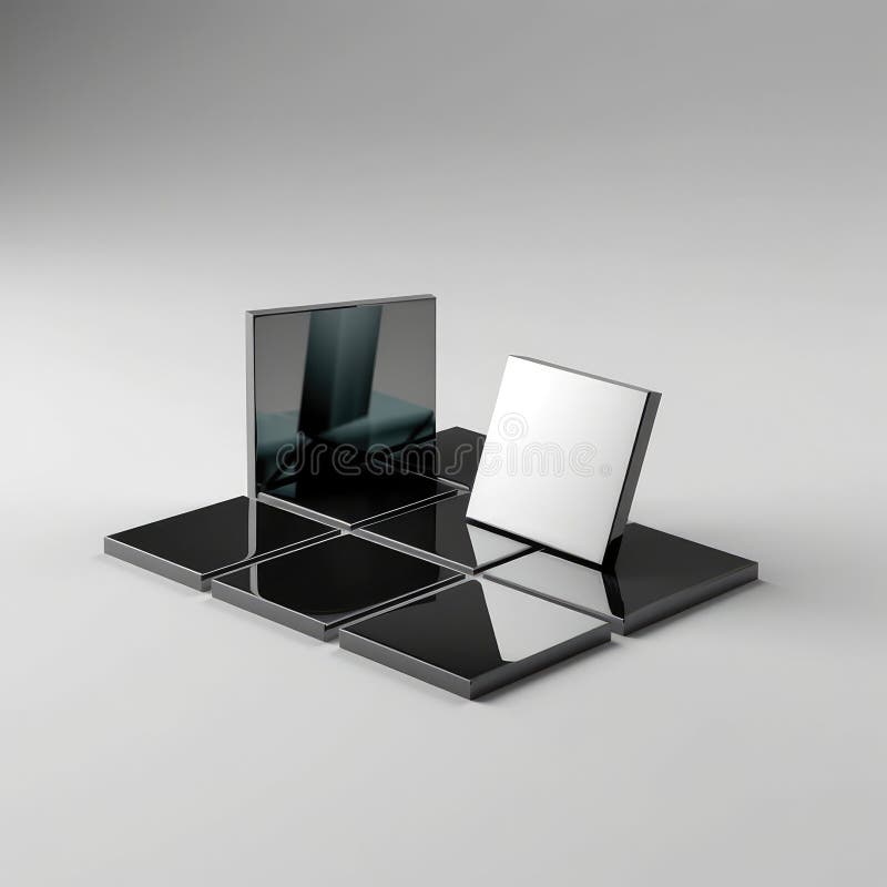 Group of Four Square Mirrors Arranged in Row on Top of Table. Each ...