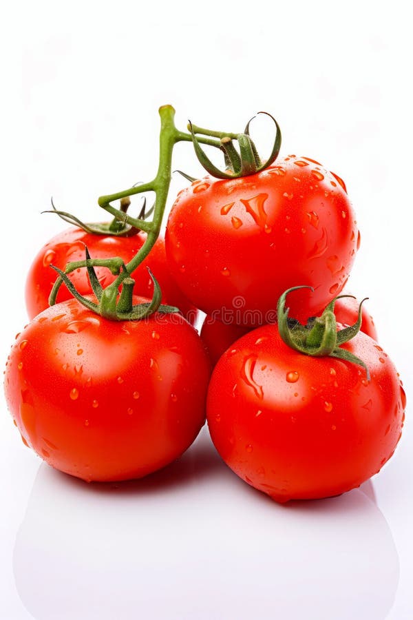 Group of Four Tomatoes with Water Droplets on Them on White Surface ...