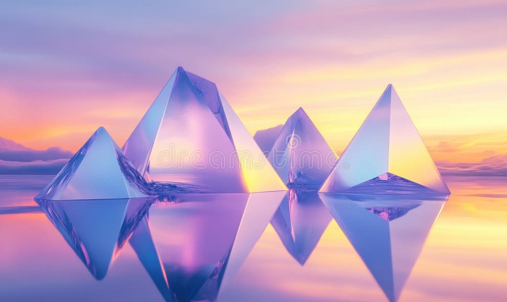 A Group of Four Triangular Ice Sculptures are Floating on a Body of ...