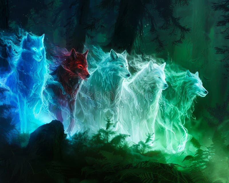 A Group of Four White Wolves in a Forest at Night Stock Image - Image ...