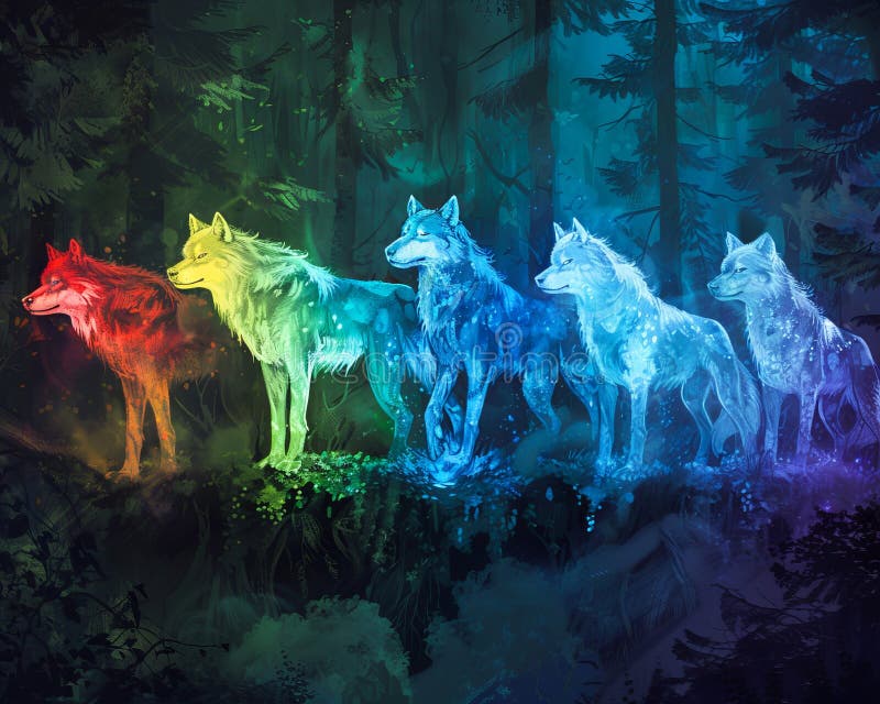 A Group of Four Wolves Standing in a Forest at Night Stock Image ...