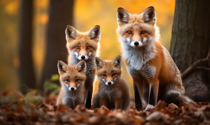 Group of Foxes Standing Together in Forest Stock Illustration ...