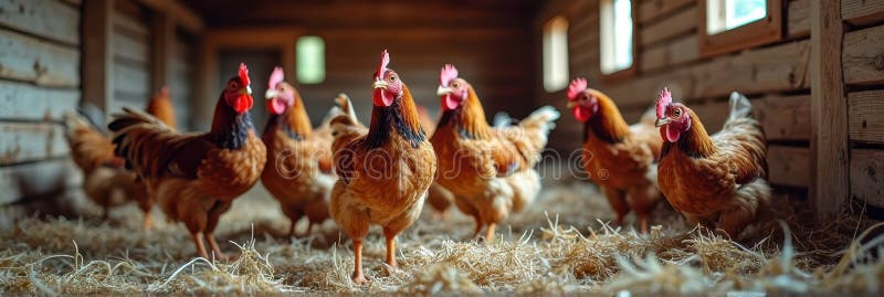 Group of Free-range Chickens in Sunlit Barn with Straw Flooring Stock ...