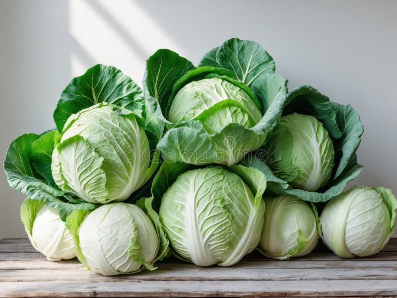 Group of Fresh Green Cabbages Arranged on a Wooden Table Stock Image ...
