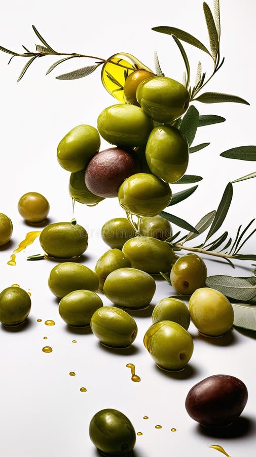 Group of Fresh Green Olives with Leaves on White Background Generative ...