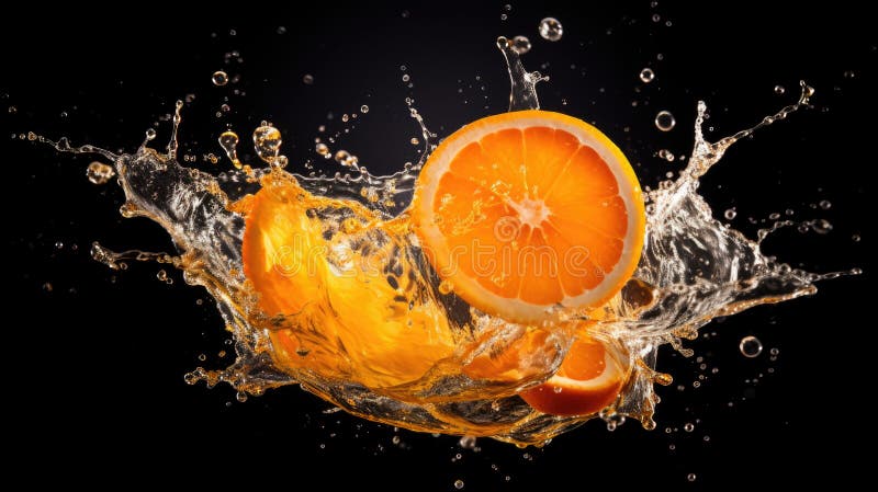 Group of Fresh Oranges Falling in Water with Splash on Black Background ...