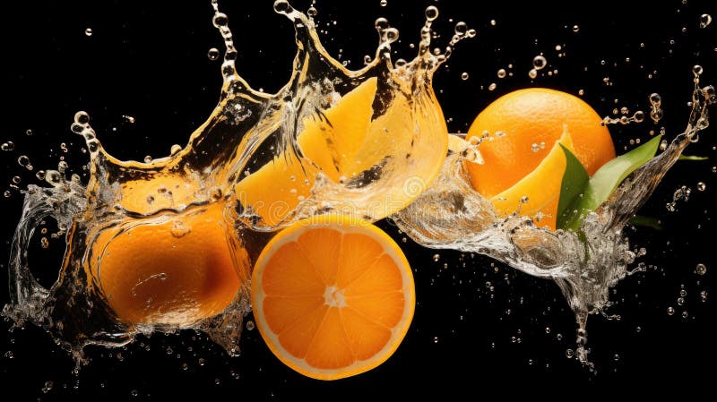Group of Fresh Oranges Falling in Water with Splash on Black Background ...