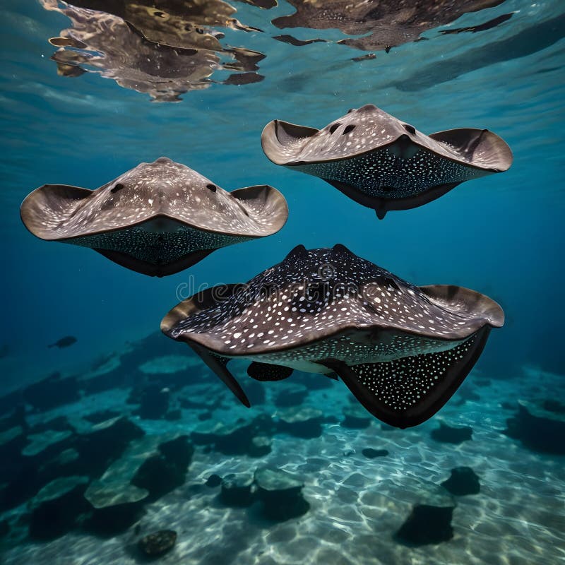 Group of Freshwater Polka Dot Stingrays Swimming in Formation, Creating ...