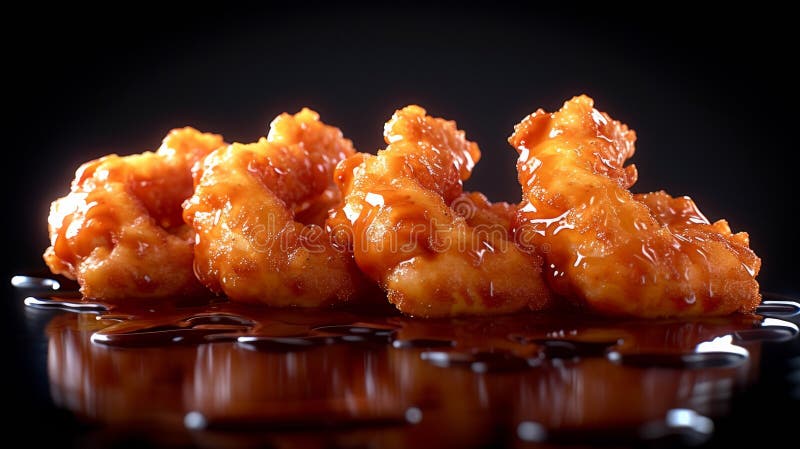 A Group of Fried Chicken Strips Sitting on a Table with Syrup, AI Stock ...