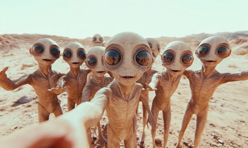 Group of Friendly Aliens Posing for a Selfie in a Desert Landscape ...