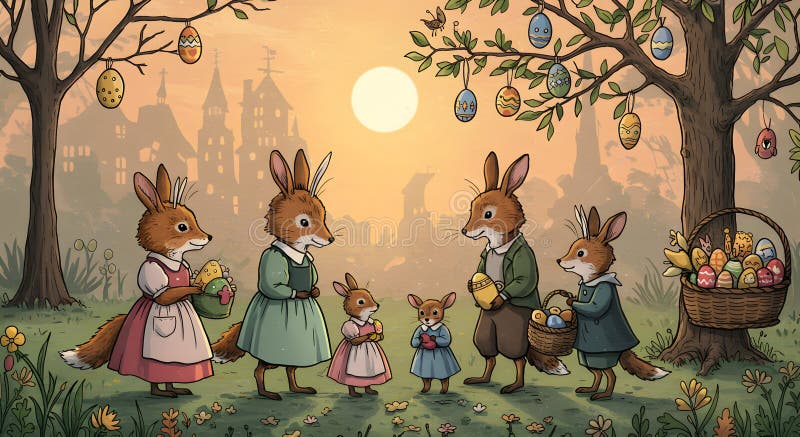 Group of Friendly Fox Characters Celebrating an Easter Festival in a ...