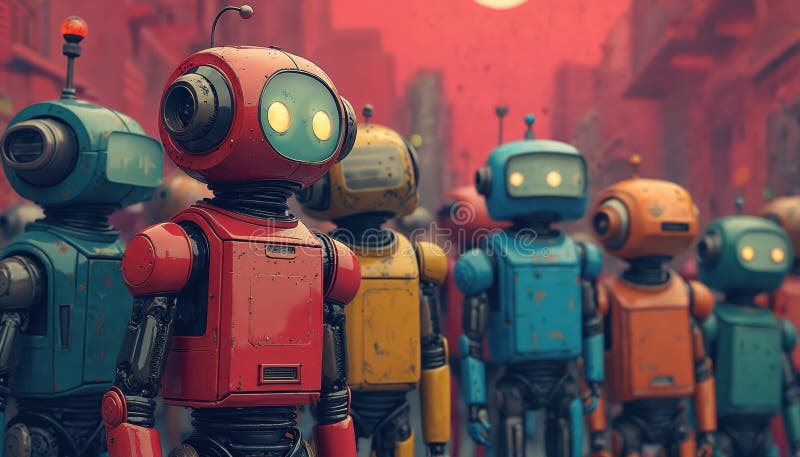 Group of Friendly, Stylized Robots in Vibrant Colors, Featuring Retro ...