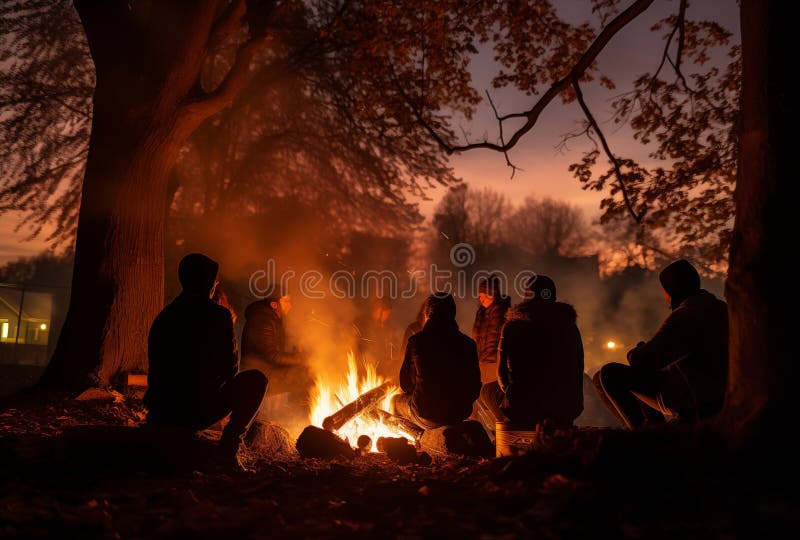 Group of Friends Around Campfire at Dusk Stock Illustration ...