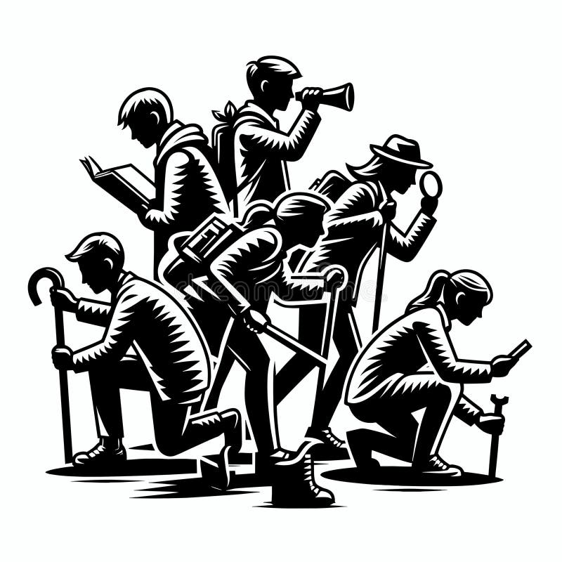 Group of Friends with Binoculars Exploring for Treasure Finding, Black ...