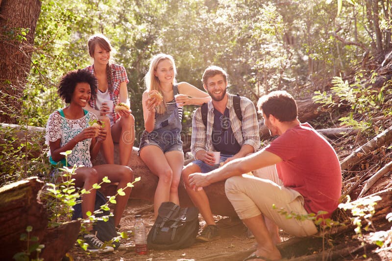 Group of Friends on Walk Taking Selfie in Forest Stock Photo - Image of ...