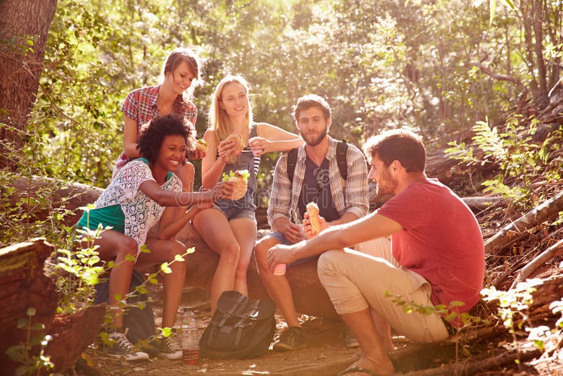 Group of Friends on Walk Taking Selfie in Forest Stock Photo - Image of ...