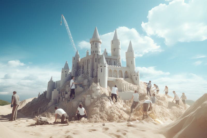 Group of Friends Building a Massive Sandcastle. Generative Ai Stock ...