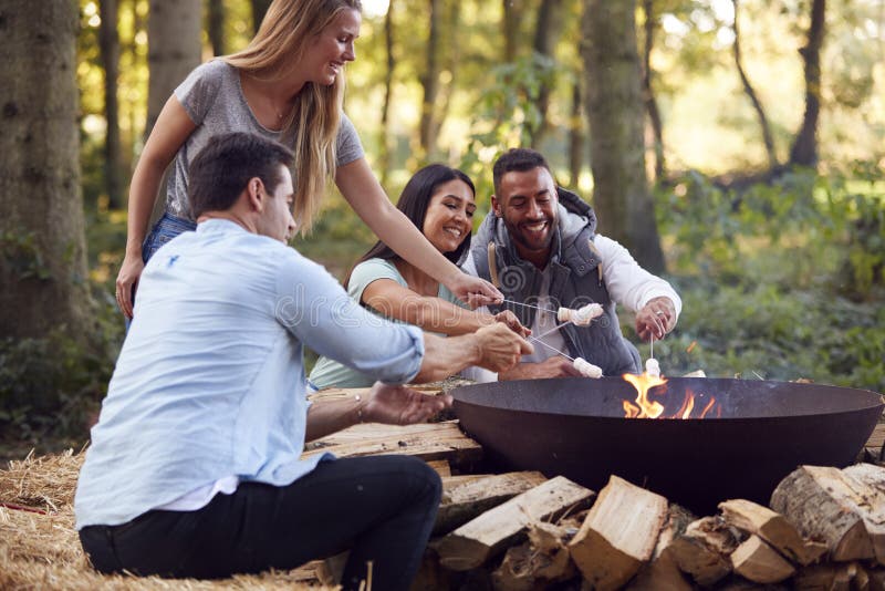 Group of Friends Camping Sitting by Fire in Fire Bowl Toasting ...