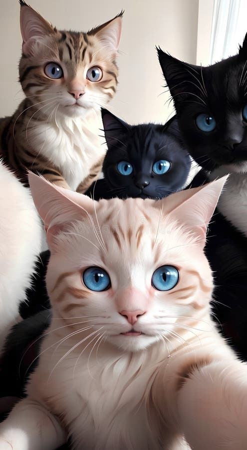 A Group of Friends Cats Take Pictures of Themselves, Selfies. Stock ...