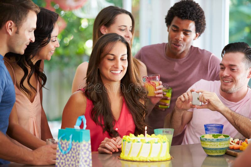 Group of Friends Celebrating Birthday at Home Stock Photo - Image of ...