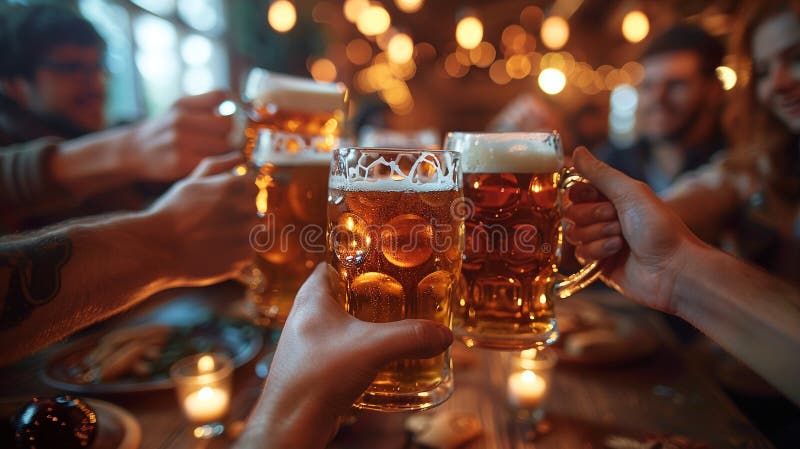 Group of Friends Celebrating with Draft Beer Mugs. AI Generated. Stock ...