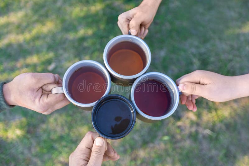 A Group of Four Friends Drinks Tea while Camping. View of the Mugs with ...