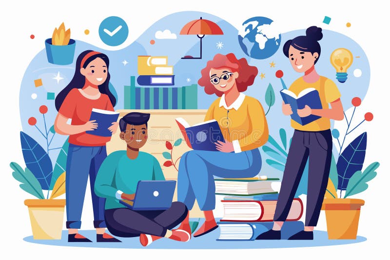 A Group of Friends Engages in a Collaborative Study Session, Surrounded ...