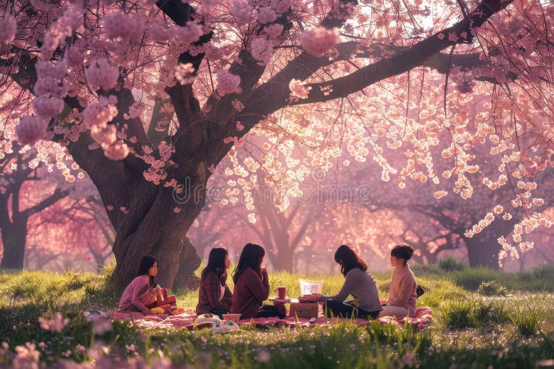 A Group of Friends Enjoy a Picnic Under a Cherry Blossom Tree in Full ...