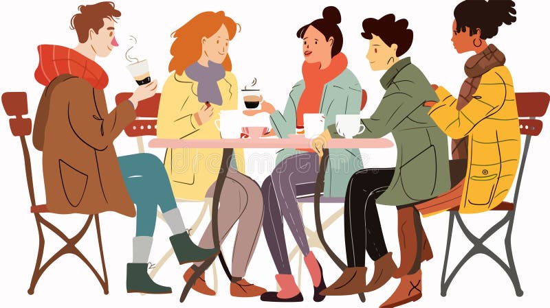 Group of Friends Enjoying Coffee and Conversation at Table Stock Vector ...