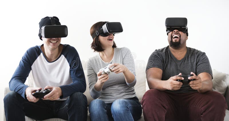 Group of Friends Enjoying Virtual Reality Game Stock Photo - Image of ...