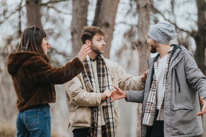 Group of Friends in a Forest Having an Animated Discussion Stock Photo ...