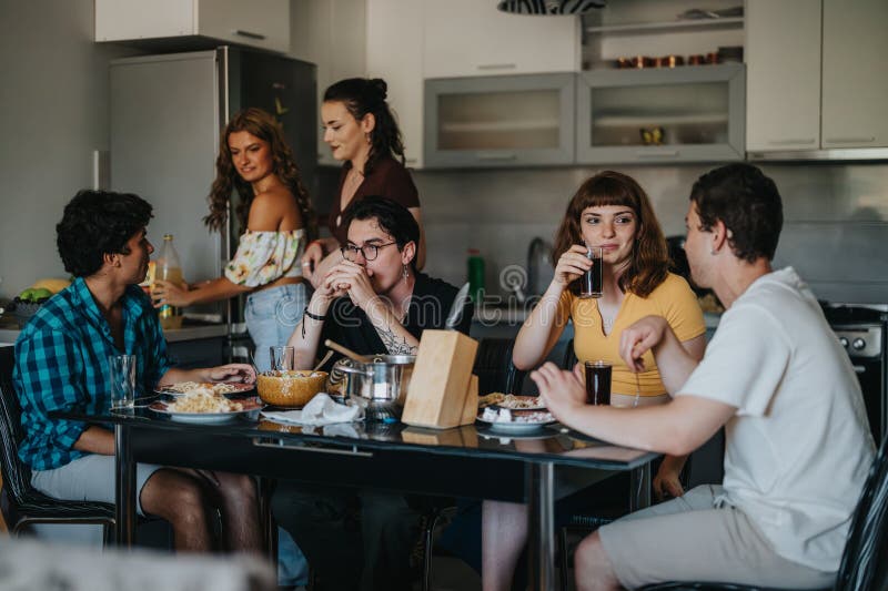Group of Friends Enjoying a Casual Meal and Drinks in a Modern Kitchen ...