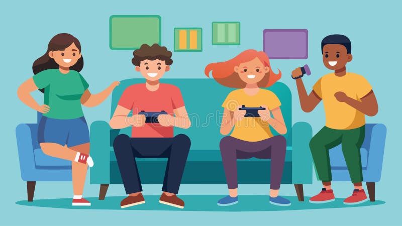 A Group of Friends Gathered Around a Couch Each Holding a Game ...