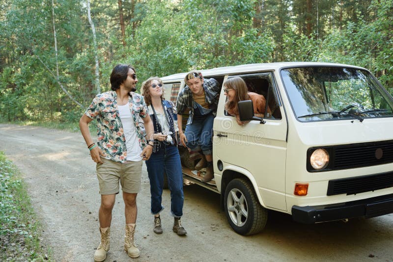 Friends travelling by van stock image. Image of journey - 222674599
