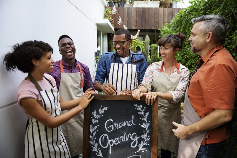 Group of Friends with Grand Opening Board Together Stock Image - Image ...