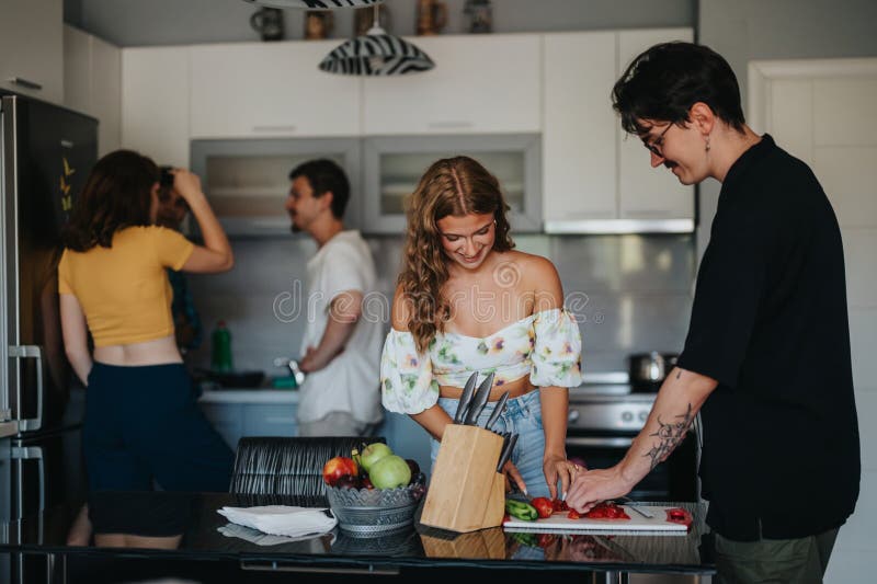 Friends Enjoying a Casual Cooking Session in the Kitchen Stock Image ...